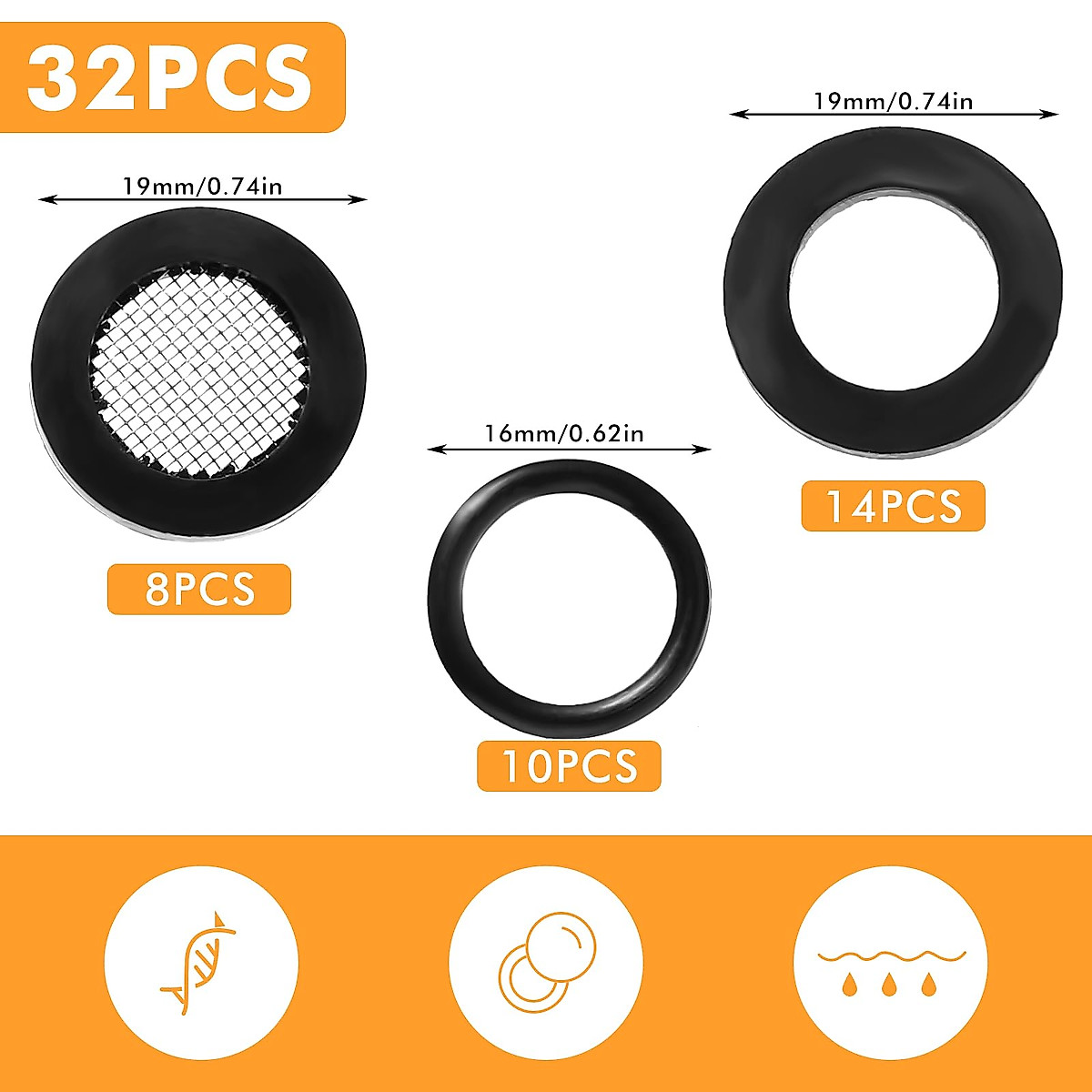 PEOVLVN 32 Pieces Rubber Washers, 1/2 Inch Garden Hose Gasket Faucet Washers Assorted Kit includes 10 O-Ring Washers 14 Flat Hose Washers 8 Filter Net Shower Hose Gasket Washers, 583762_1_DkASpycaS