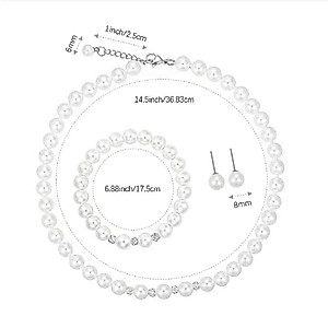 LZMEI White 8mm Glass Pearls Necklace Bracelet Earring Jewelry 3 Set Wholesale for Women Girls (14.5inch)