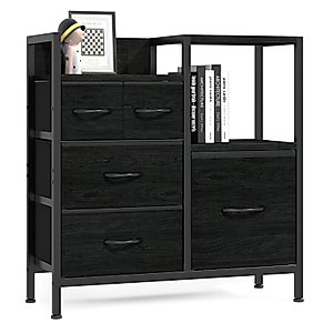 Furnulem Dresser for Bedroom Organization Fabric Dresser Units with 5 Storage Drawers Sturdy 2 Tier Shelf Large Space Dresser Bedroom Dresser for Hallway Entryway Dorm Black