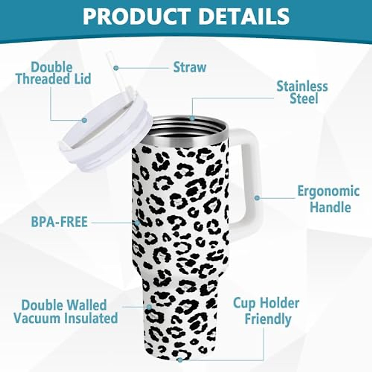 RPLIFE Fashional Leopart Print 40oz Tumbler with Handle, Stainless Water Bottle, Insulated Tumbler with Straw
