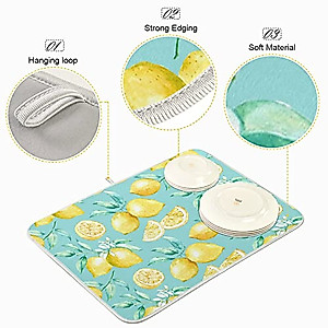 Absorbent Dish Drying Mat for Kitchen Counter - Yellow lemon teal background Microfiber Drying Pad, Reversible Drainer Mats for Countertop, Large 16 x 18 inch
