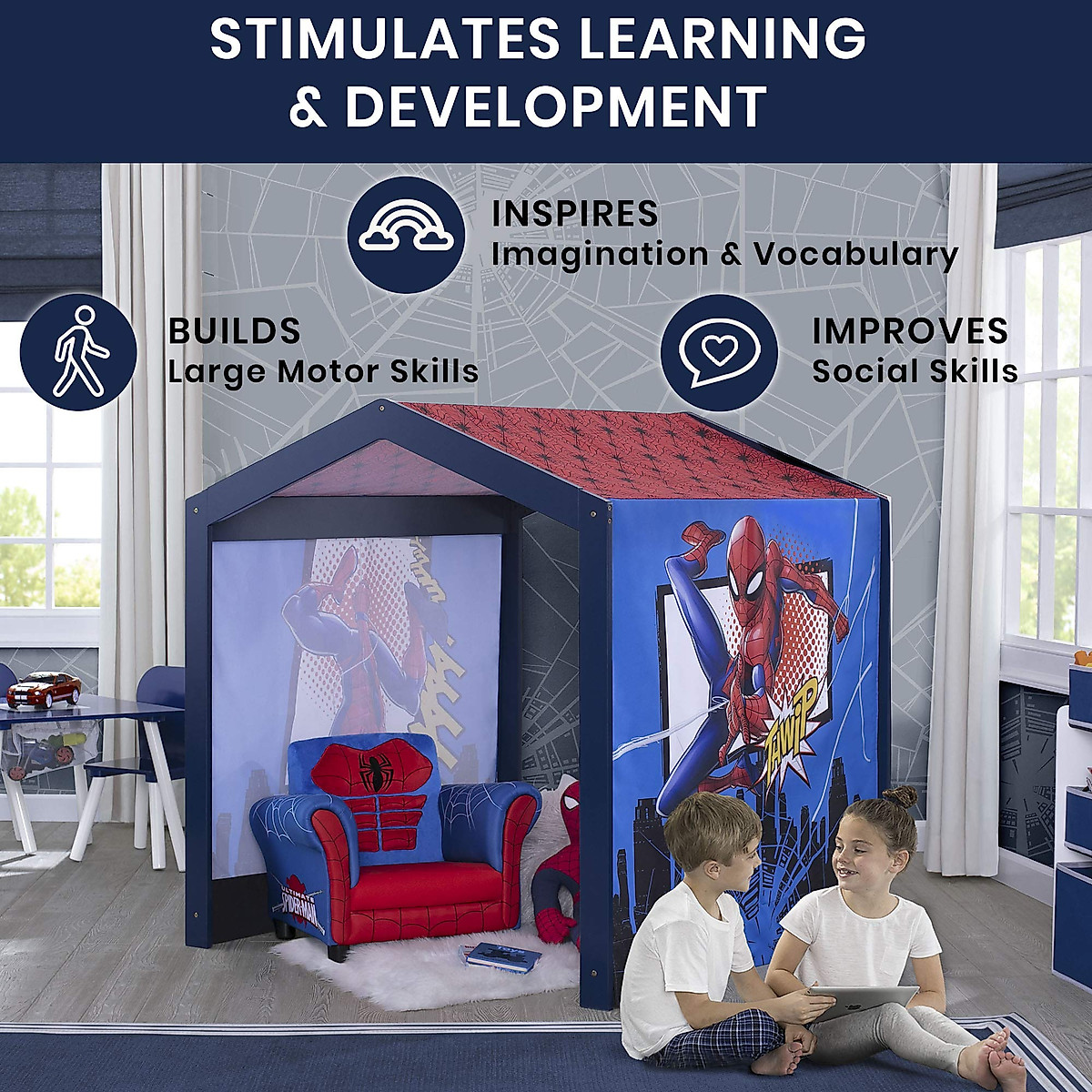 Marvel Spider-Man Indoor Playhouse with Fabric Tent for Boys and Girls by Delta Children, Great Sleep or Play Area for Kids - Fits Toddler Bed, Greenguard Gold Certified