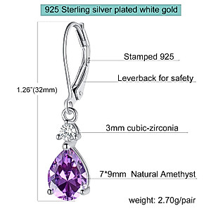 925 Sterling Silver Natural Amethyst Teardrop Leverback Earrings|7 * 9mm Pear Shaped Drop Dangly Earring Hypoallergenic Jewelry for Women