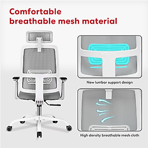 Schwake Ergonomic Office Chair - High Back Desk Chair with Adjustable Lumbar Support, Headrest & 3D Armrest - 135°Rocking Mesh Computer Chair (White & Grey)