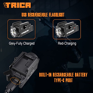 trica 800 Lumen Mini Pistol Light LED Compact Strobe Tactical Gun Flashlight, USB Rechargeable Rail-Mounte Weapon Light for Pistol Quick Release Light with 1913 or GL Rail, Built-in Battery (Black)