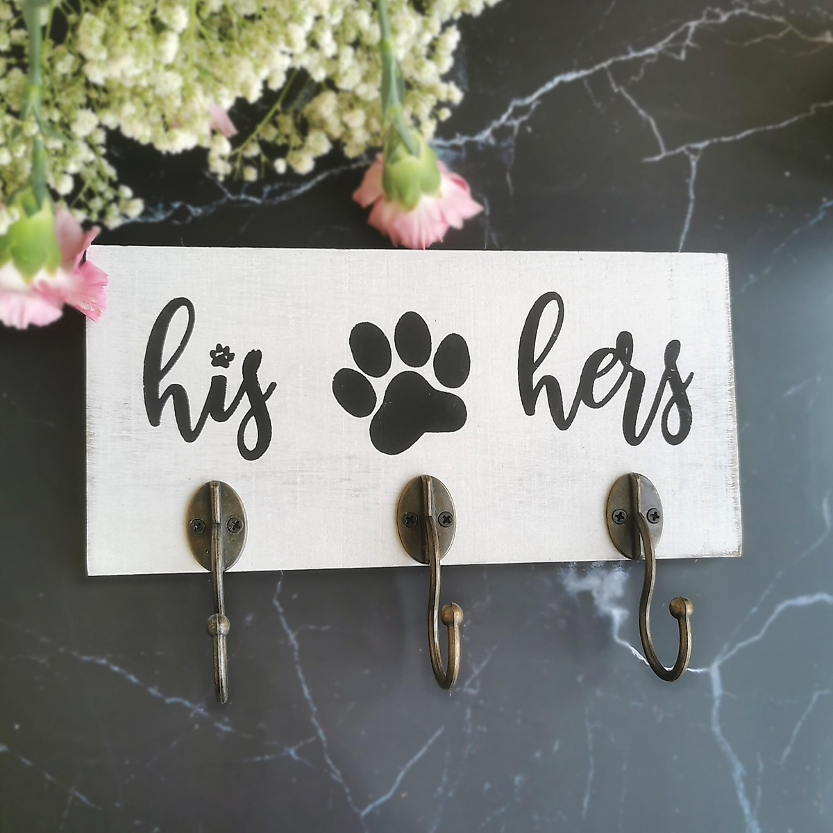 10 o'clock Decorative Key Holder & Dog Leash Hook Wall Mount for Entry Way, Kitchen, & Mudroom, His Hers & Paw Print Triple Hook, 10" x 5"