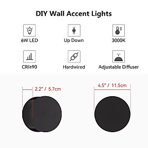Tubicen Black LED Wall Sconce, Wide/Narrow Beam-Adjustable Sconces Wall Lighting, Indoor LED Dimmable Up and Down Wall Lights for Living Room Bedroom Movie Theater Stairway, 6W, 3000K