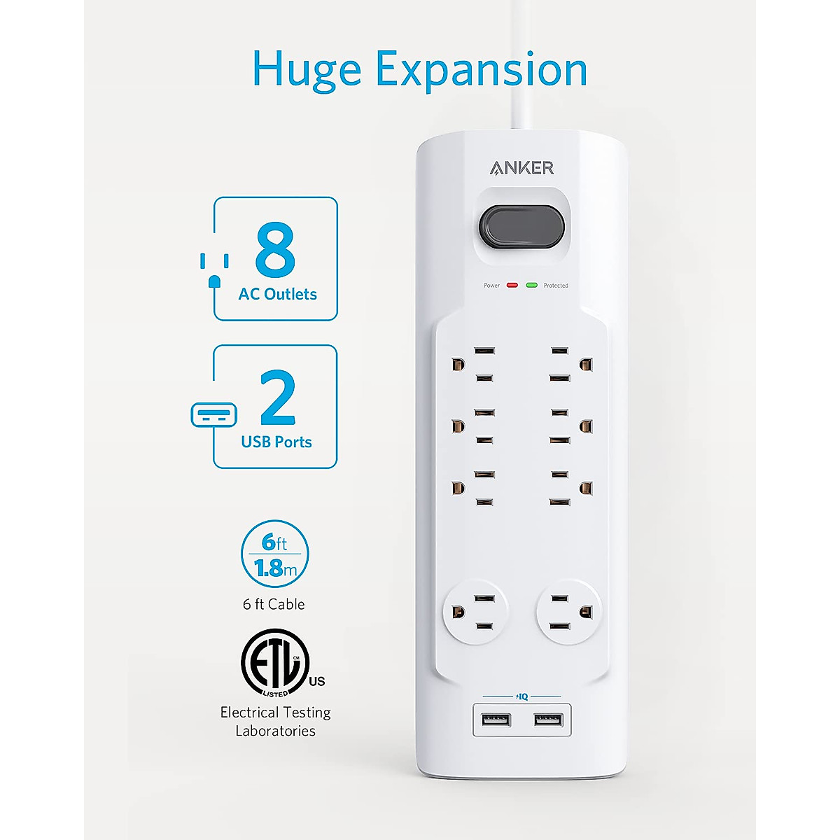 Anker Power Strip Surge Protector with USB, 6ft Extension Cord, 8 Outlets & 2 USB Ports with Flat Plug, PowerIQ for iPhone 14/13 Pro/13, Galaxy, for Home, Office, and More (1200 Joules)