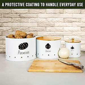 Potato and Onion Storage Bin with Wooden Lid – Set of 3 Garlic, Onion, And Potato Storage for Pantry - Potato Onion Kitchen Storage Canisters – Aerating Tin Storage Holes Keeps Vegetable Fresh