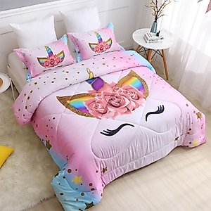 SIRDO Unicorn Full Bedding Sets for Girls Kids Comforter Set Full Size with 2 Pillowcases Pink and Rainbow Unicorn Room Decor for Girls Bedroom Ultra Soft Machine Washable Toddler Bed Set