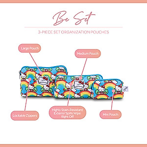 JuJuBe Be Set Organization Pouches, Pretty Travel Toiletry Bag Set for Women, Stylish Party Clutch or Handbag, Hello Kitty | Rainbow