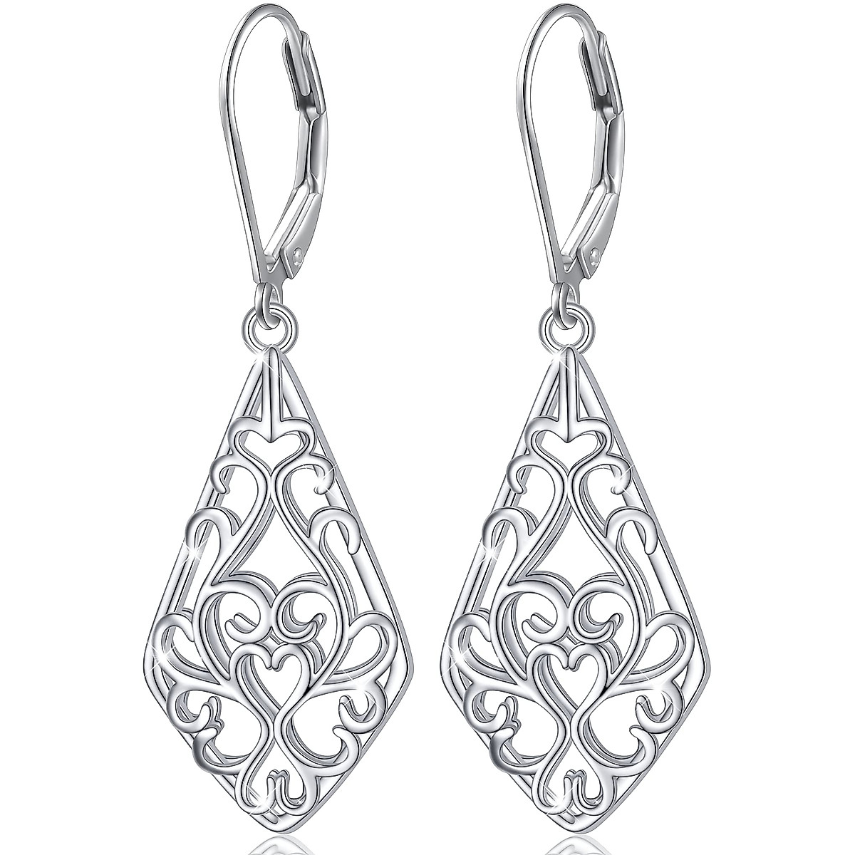 Kite Shaped Geometric Filigree Dangle Drop Leverback Earrings Sterling Silver Dangling Dangly Jewelry for Women