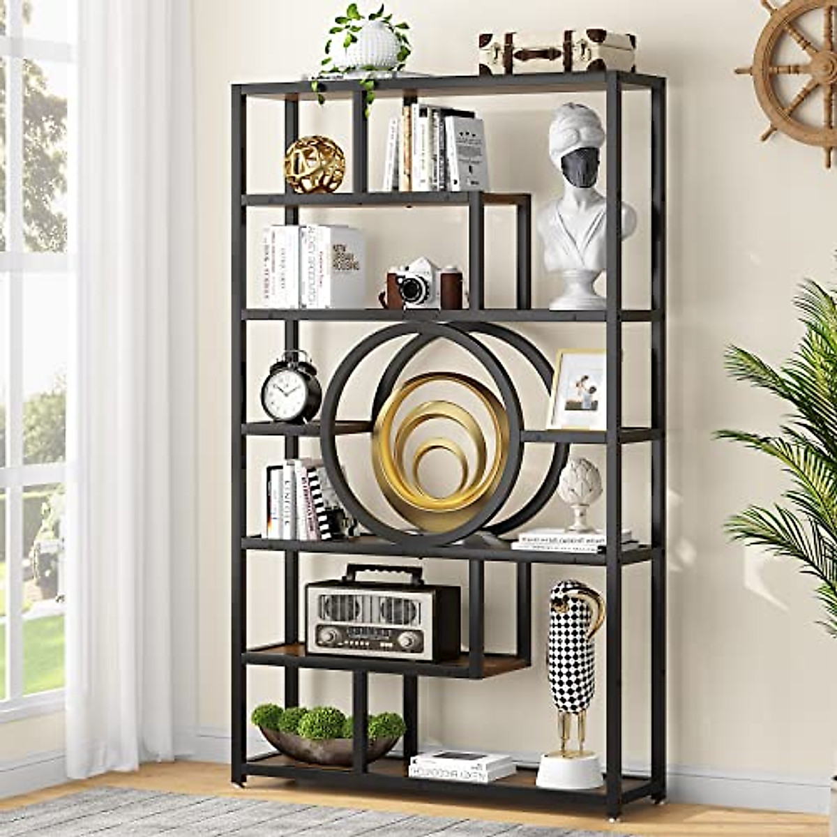 LITTLE TREE 72 Inch Industrial Bookshelf, Etagere Bookcase with 11-Open Shelf, Wood and Metal Bookshelves, Modern Book Shelves Storage Rack Display Shelf for Office, Living Room