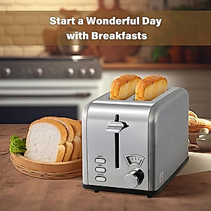 Simple Deluxe Stainless Steel Toaster 2 Slice with 1.5” Wide Slot & Removable Crumb Tray, 5 Shade Options and Bagel/Defrost/Cancel Functions, for Various Bread & Waffle, Retro Silver