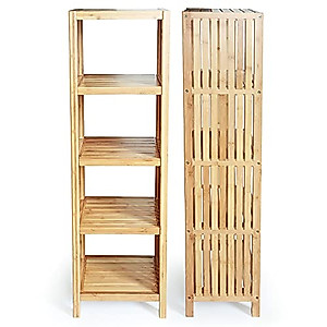 ToiletTree Products Bamboo Hamper with Dual Compartments and Deluxe Bamboo Freestanding Bathroom Organizing Shelf, 5-Tier Shelf Bundle