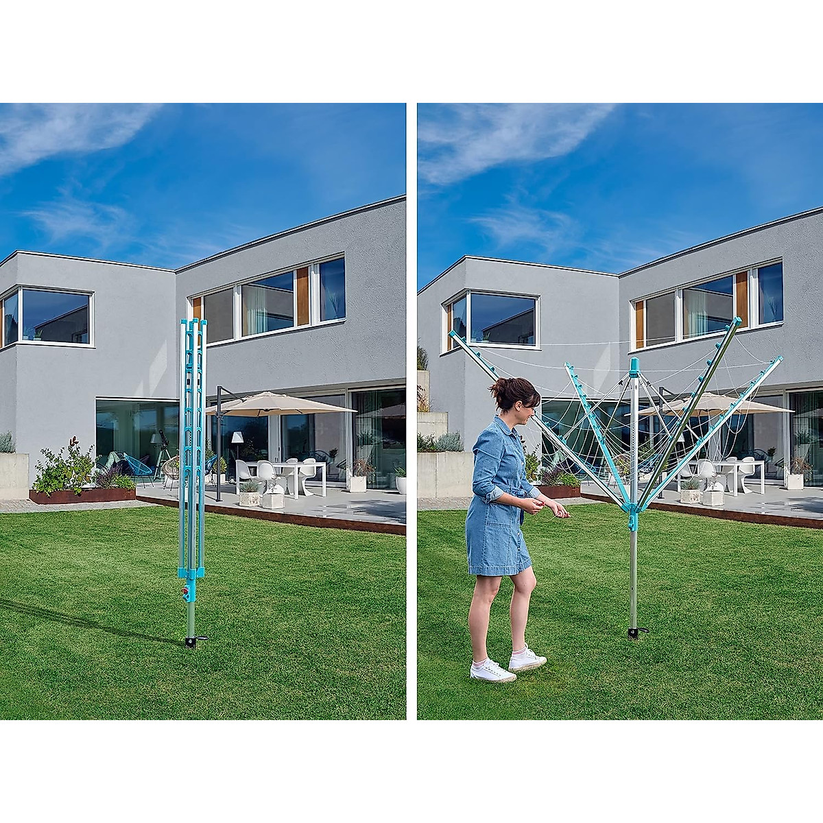 Leifheit Linomatic 500 Easy Dryer 50m Retract to Stay Clean, All Rust-Free Aluminium, 3.28m Turning Diameter, Longest Length 2.03m Pull-Open, Rotary Clothes line Airer, Turquoise, Large