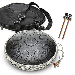 Black 15 Notes 14 Inches Steel Tongue Drum | Wide Range Steel Drum with Carrying Bag & Mallets | Tank Drum for Healing | Random Color | Ideal for Stress Relief and Meditation