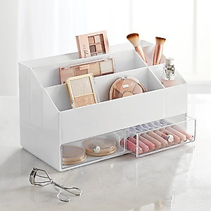 mDesign Plastic Makeup Storage Organizer with 2 Drawers and 5 Divided Sections for Bathroom, Vanity, Cabinet, Countertops - Storage for Cosmetics, Brushes, Blush - Lumiere Collection - White/Clear