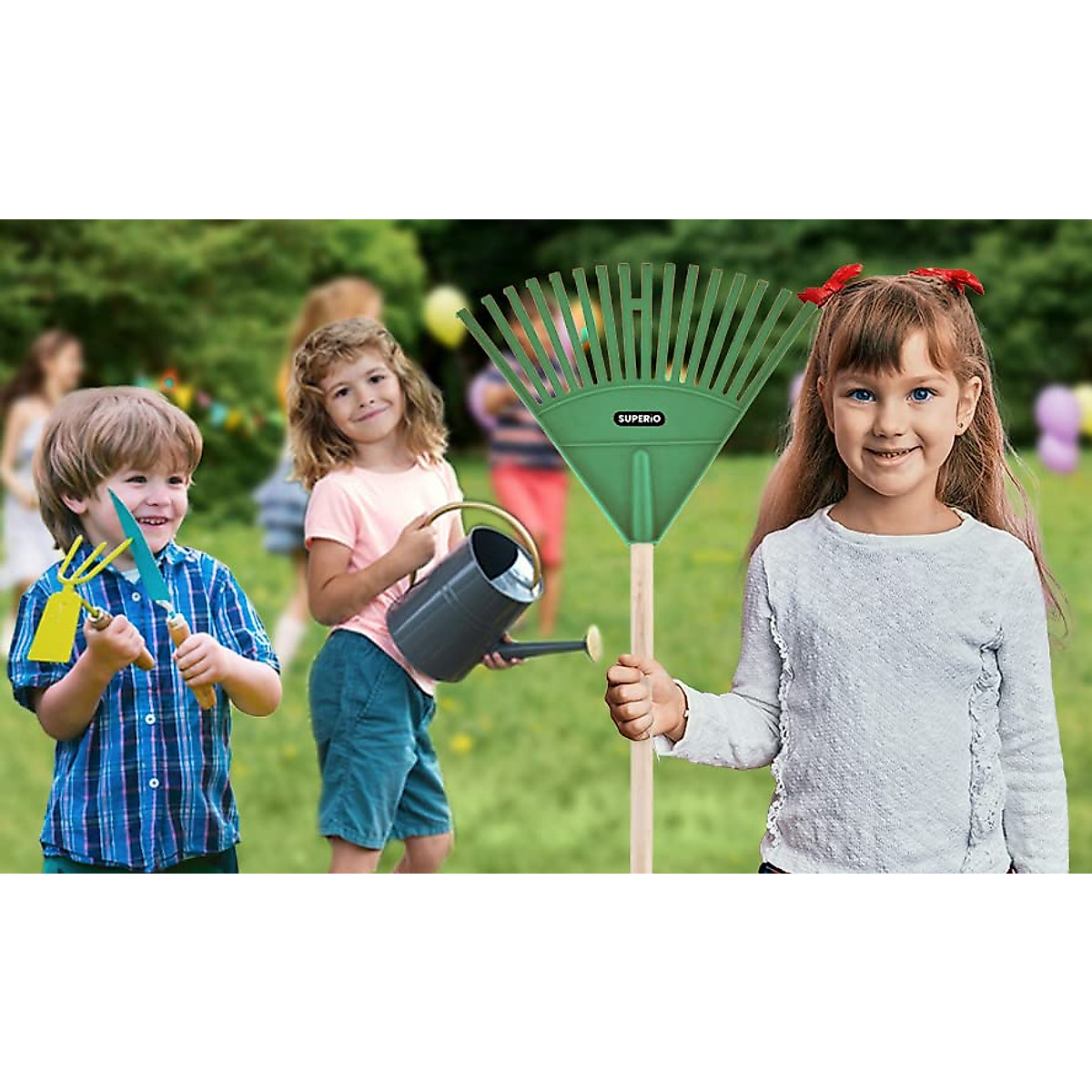 Superio Kids Rake with Hardwood Handle, Gardening and Lawn Care Tools for Kids, Sweep Leaves and Tidying Up The Garden, Plastic Tines and Heavy Duty Wooden Handle 34" (Kid Size, Green, 1-Pack)