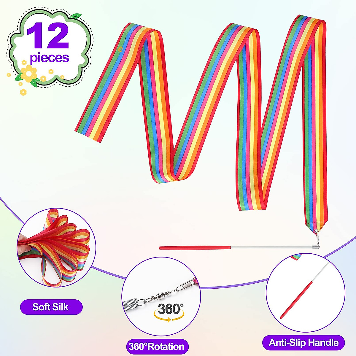 12 Pack Rainbow Dance Ribbons,6.6Ft Dance Ribbons Streamers Rhythmic Gymnastics Ribbon Twirling Ribbons,Baton Twirling Wands on Sticks for Kids Artistic Dancing,Talent Shows,Gymnastics Party Favors