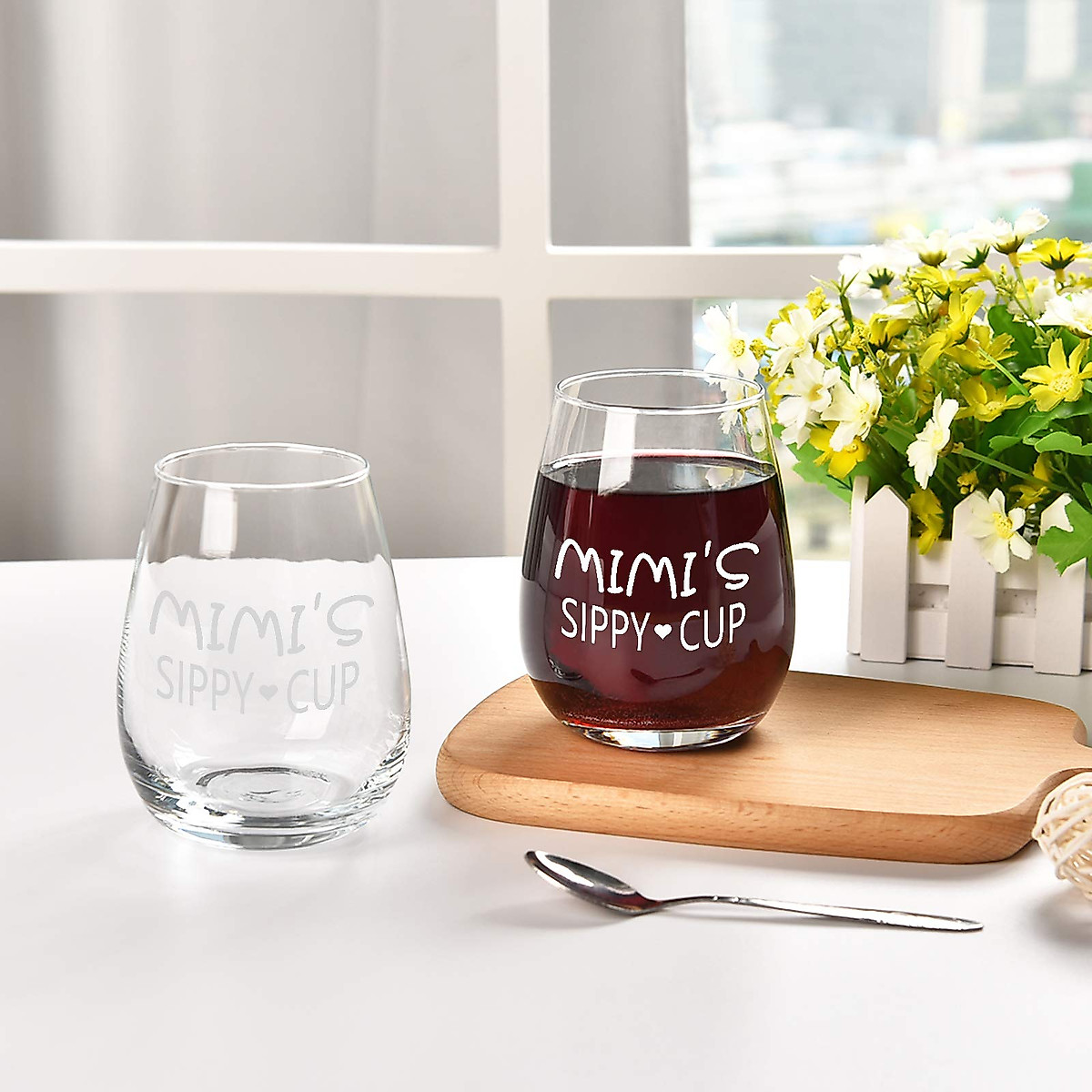 Mimi’s Sippy Cup Stemless Wine Glass, Funny Mimi Wine Glass for Women Mimi Mimi To Be Grandma Grandmother, Special Mimi Gift Idea for Christmas Birthday Mother’s Day, 15 Oz