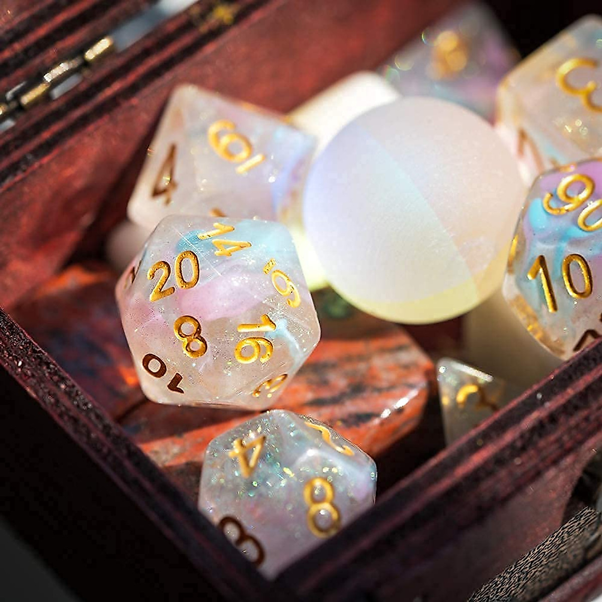 2 Pack (A Wooden Dice Set Box and A 7Pcs Resin DND Dice Set for Dungeons and Dragons)