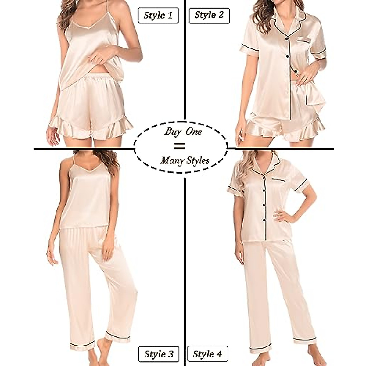 SWOMOG Womens Pajamas Satin 4 Piece Sleepwear Cami Tops And Ruffle Shorts Silk Long Pajama Pants Soft Summer Loungewear Pjs Champagne