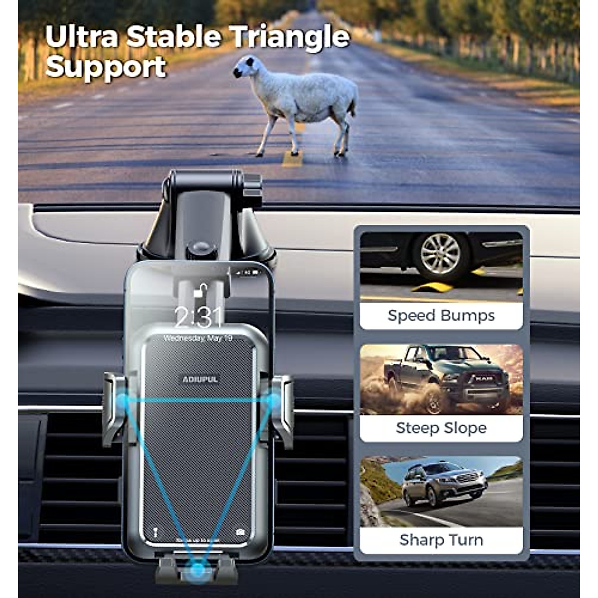 ADIUPUL Car Phone Holder Mount, Phone Mounts for Car (Bumpy Roads Friendly) 3 in 1 Universal Car Mount, Easy Clamp Hands Free Universal Fit for Dashboard Windshield Vent iPhone Samsung and More Phones