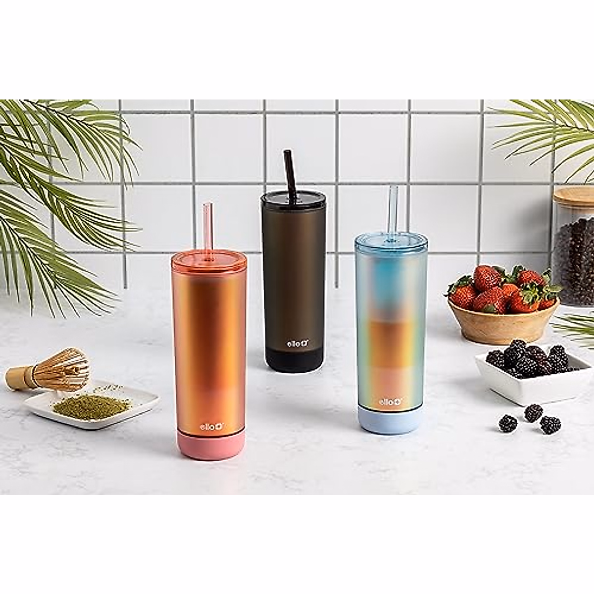 Ello Monterey 24oz Plastic Tumbler with Straw and Built-In Silicone Coaster, Premium Double Walled Insulation, Reusable Cup Perfect for Iced Coffee, BPA Free, Blue