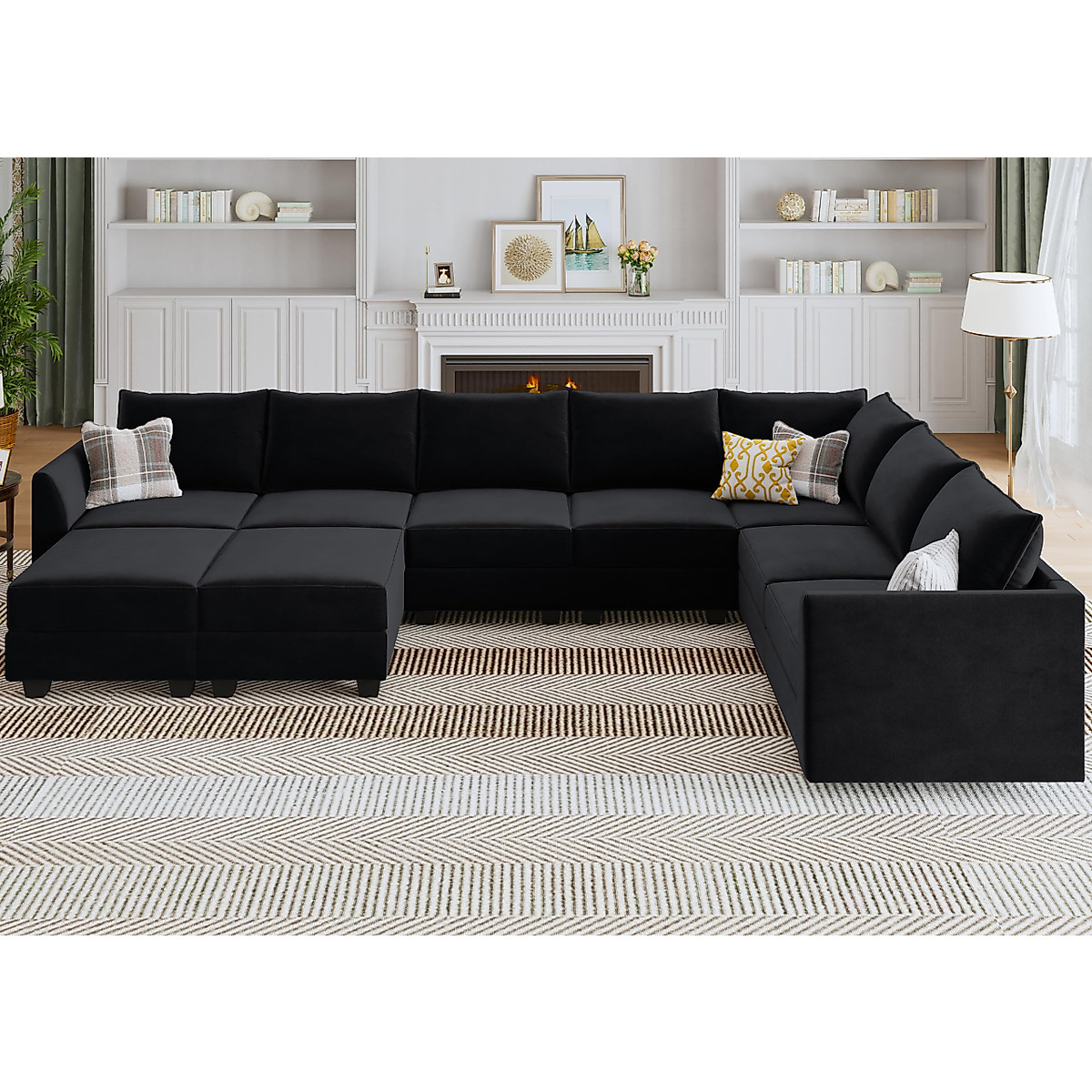 HONBAY Modular Sectional Sofa Velvet U Shaped Couch with Storage Oversized Sectional Sofa Couch for Living Room, Black
