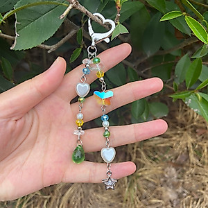 QqzsJewls Cute Kawaii Keychain for Women Aesthetic Backpack Saddle Accessories for Her Silver Dangly Bag Charms Beaded Crystal Butterfly Keychain Coin Purse Accessories Car Charm (Green)