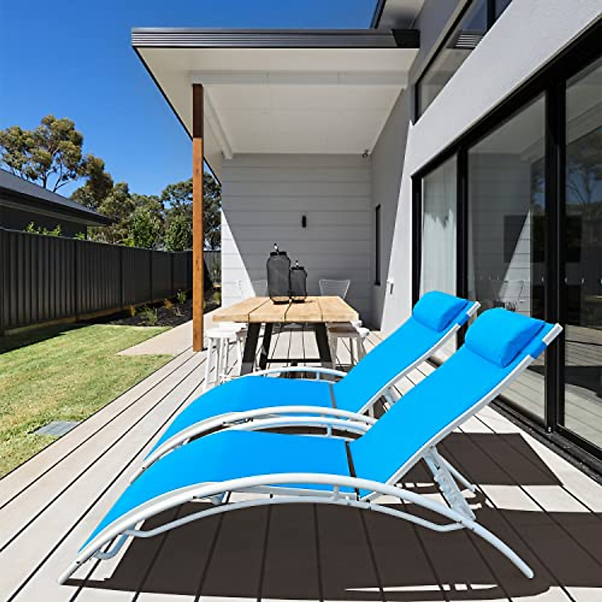 Patio Lounge Chairs Set Outdoor Chaise Lounge Recliner,Tanning Chairs for Outside,Adjustable Chaise Lounge with 2 Pillows for Beach Pool Poolside Yard,2 Pcs,Blue