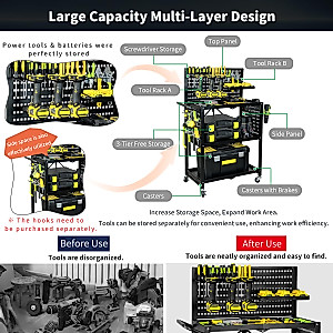 Lumizone 3-Tier Foldable Rolling Tool Cart with Wheels, Utility Cart with Pegboard for Garage Organizer and Tool Storage, Power Tool Storage Cart on Wheels (Tool Cart)