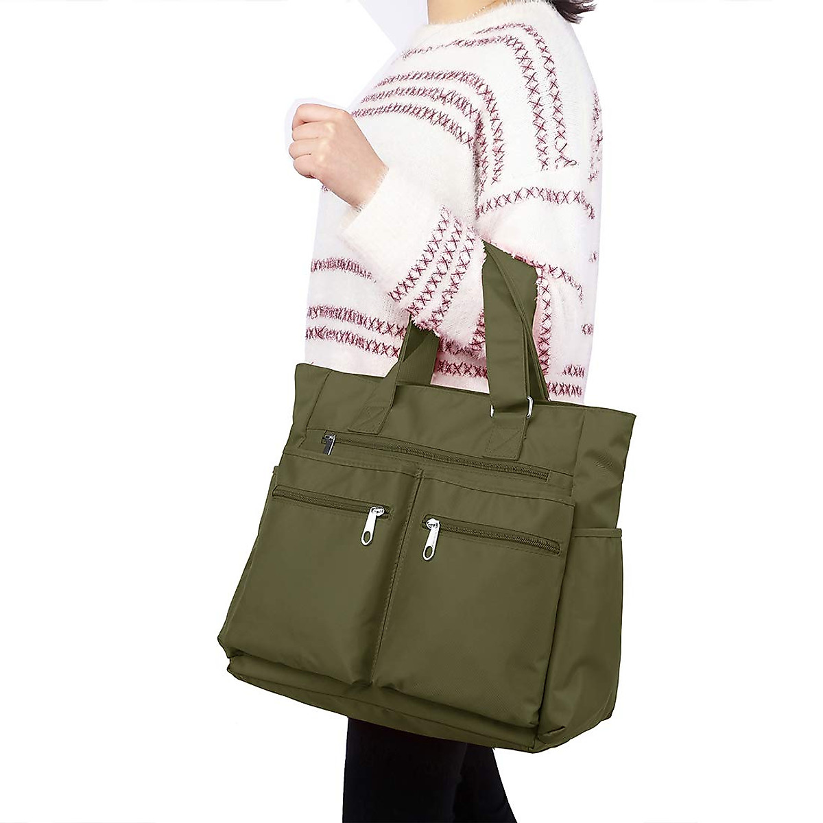 Canvas Tote Bag Waterproof Nylon Multi Pocket Shoulder Bags Laptop Work Bag Teacher Purse and Handbags for Women & Men (Army Green)