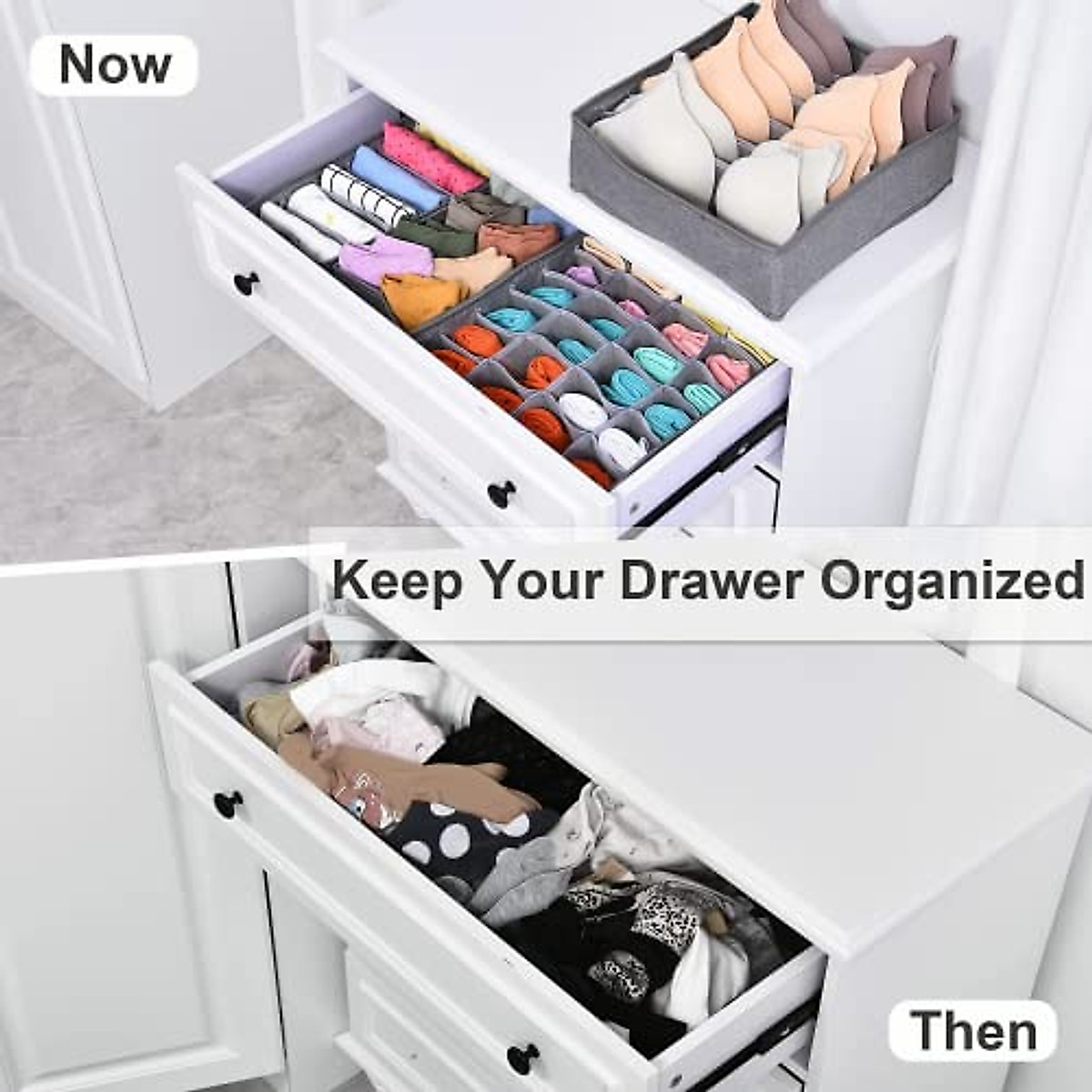 ULG 4 Pack Socks Underwear Drawer Organizer Divider,Washable Drawer Organizer Foldable Oxford Fabric Closet Organizers and Storage Boxes for Socks, Underwear, Belts (Light Grey), Large (UL421041502)