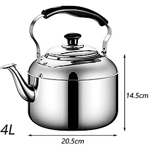 Food Grade Stainless Steel Tea Kettle Stove Top Whistling Silver Teapot,Large Capacity,Gas Electric Applicable (Size : 4L)