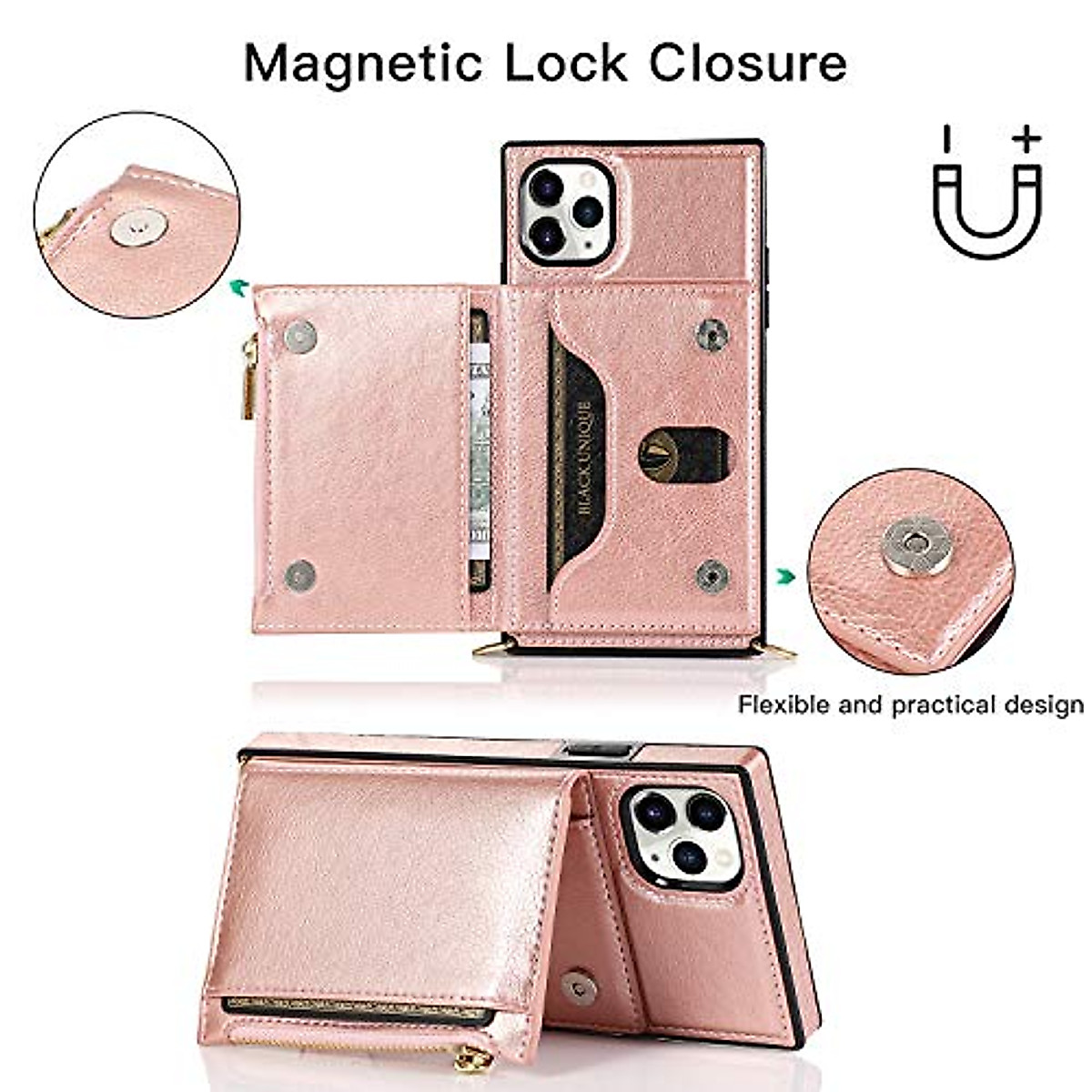 LUVI Compatible with iPhone 12 Pro Max Wallet Case with Crossbody Neck Strap Lanyard Purse Handbag Shoulder Strap Cover with PU Leather Credit ID Card Holder Kickstand Stand Protection Case Rose Gold