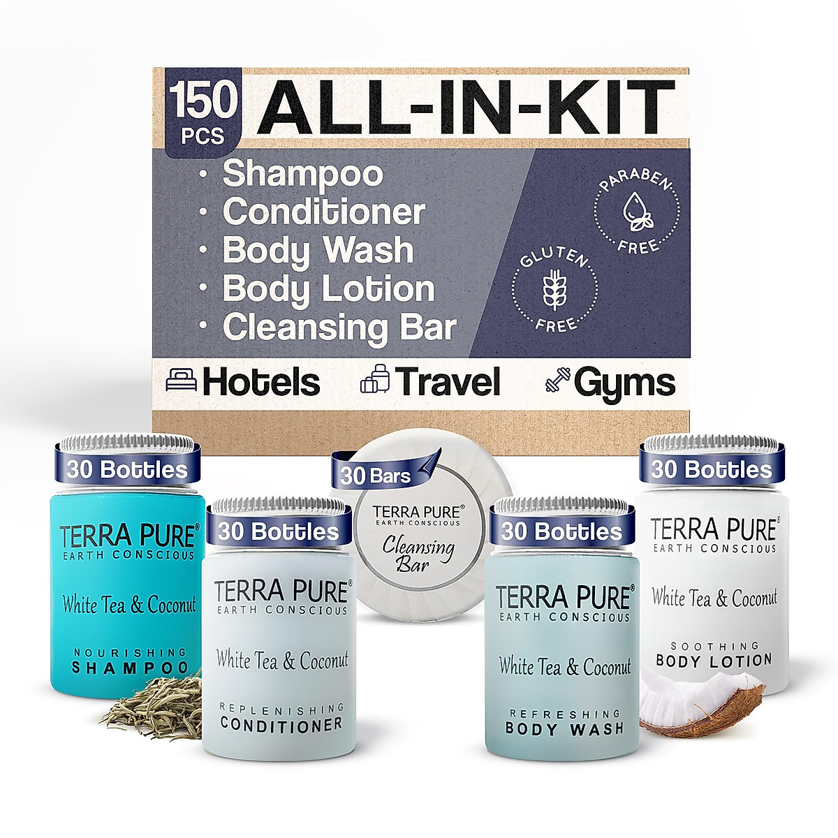 Terra Pure White Tea & Coconut Toiletries Set | 1-Shoppe Amenities Kit | 1oz Shampoo & Conditioner, Body Wash, Lotion, 1.25oz Bar Soap | Travel Size | 150 Pieces