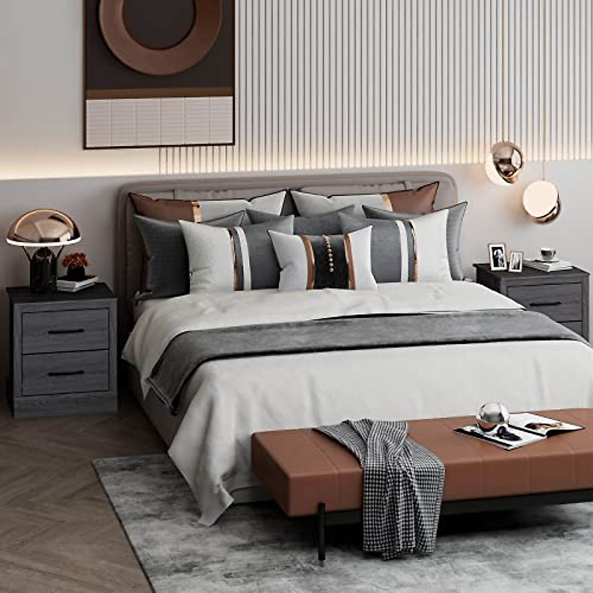 UIIAIOUIAIO Nightstand with 2 Storage Drawers, Wood Bedside Table, Compact Floor Night Stand End Table, Accent Sofa Side Table for Bedroom Living Room, Farmhouse Design, Grey Oak