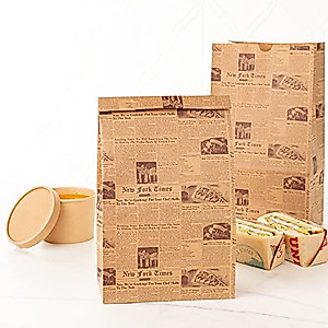 Restaurantware Bag Tek 12 Lb Disposable Lunch Bags 100 Sturdy Take Out Bags - Flat Bottom Microwavable Kraft Newsprint Design Paper Bags Freezable Great For Restaurants Cafes And Bakeries