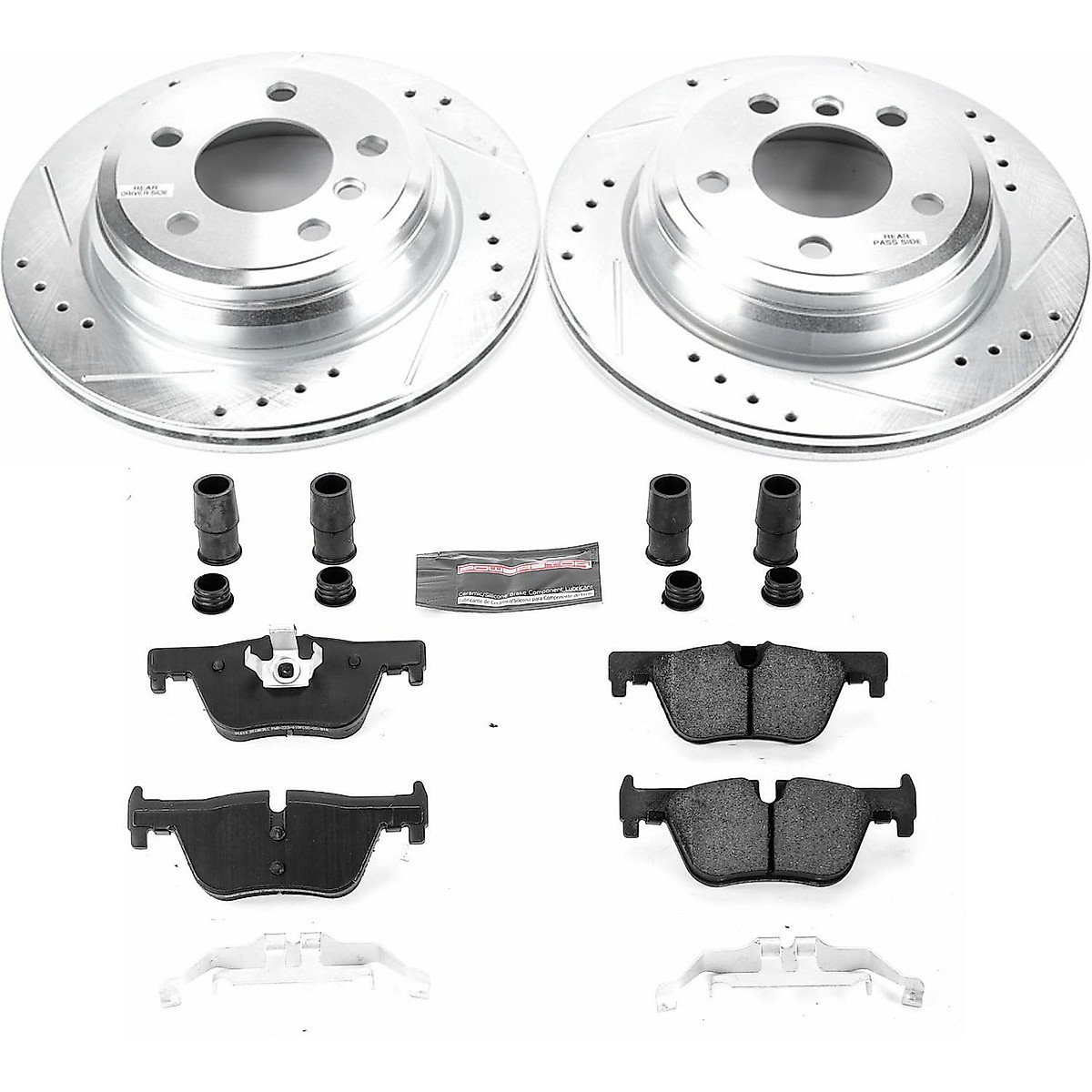 Power Stop K6852 Rear Z23 Carbon Fiber Brake Pads with Drilled & Slotted Brake Rotors Kit and 1 Rear Sensor Wire