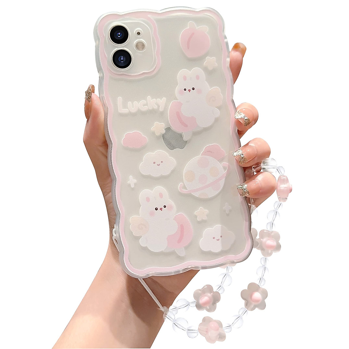 ZSYTZL Compatible with iPhone 11 Case Cute Cartoon Peach Rabbit with Cute Chain Design for Women Girls Aesthetic Kawaii Slim Soft TPU Transparent Case for iPhone 11-Peach Rabbit