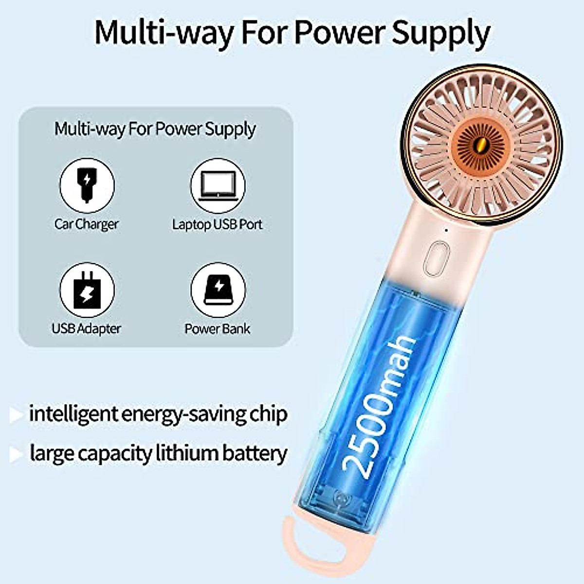 Handheld Fan, Mini Portable Fan USB Rechargeable with Hanging Hook, 3 Speeds, 3000mAh Personal Desk Turbo Fans, Small Pocket Fan for Indoor Outdoor Travel