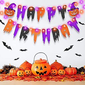 St Patrick's Day Happy Birthday Banner with Green Light, Glitter Irish Shamrock Hat LED Decorations, 8 Modes 10 Feet String Light Party Supplies(Pumpkin)