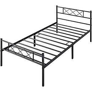 Topeakmart Black Metal Bed Frame with Headboard Mattress Foundation/Platform Bed/Slatted Bed Base, Twin Size