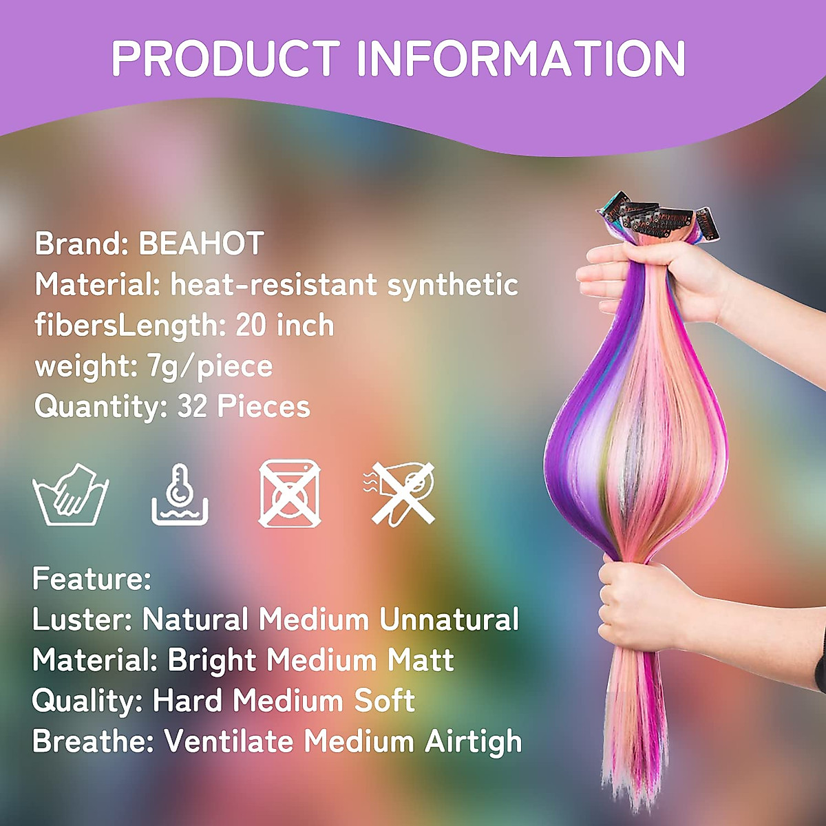 32 PCS Clip in Colored Hair Extensions for Kids, 20 Inches Rainbow Long Straight Hairpieces Synthetic,BEAHOT Hair Extensions-Pretty Gift for Cosplay Dress Up Fashion Party Birthday（32 Colors)