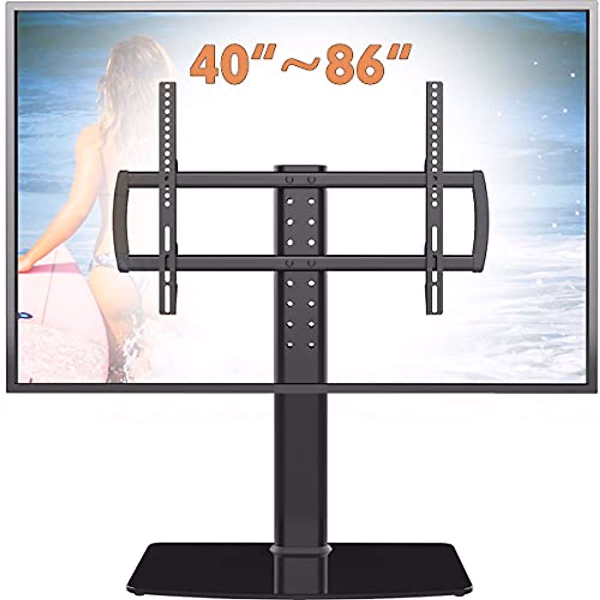 Universal TV Stand/Base Tabletop TV Stand with Wall Mount for 40 to 86 inch 5 Level Height Adjustable, Heavy Duty Tempered Glass Base, Holds up to 132lbs Screens, HT03B-003