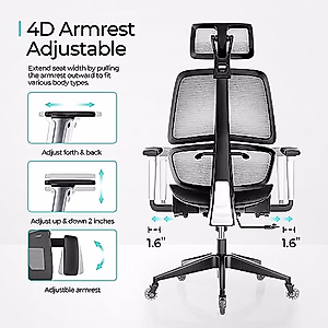 LINSY HOME High-Back Office Chair, Swivel Ergonomic Task Chair with Adjustable Headrest and Arms, Lumbar Support and PU Wheels, Computer Mesh Chair for Home Office, Dark Grey