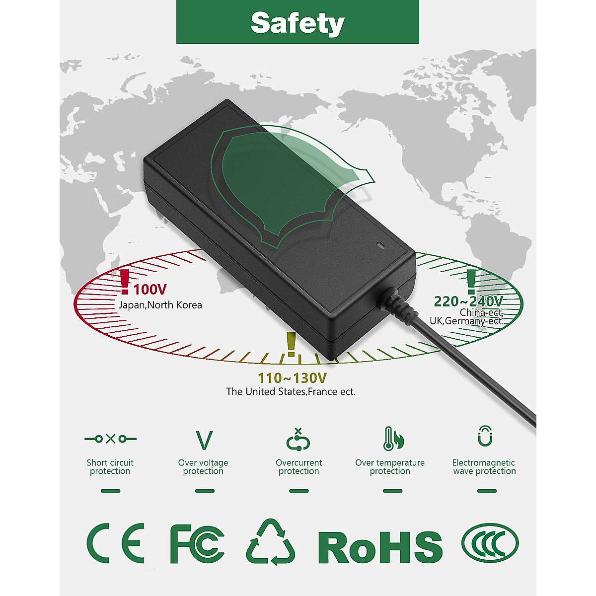 JOVNO 12V 10A Adapter, 100-240V AC to DC 120W Power Supply RGB LEDs Driver with 5.5x2.5mm Plug 7.5ft Cord for Christmas Lights, WS2811 5050 3528 LED Strips, CCTV Cameras, LCD Monitor