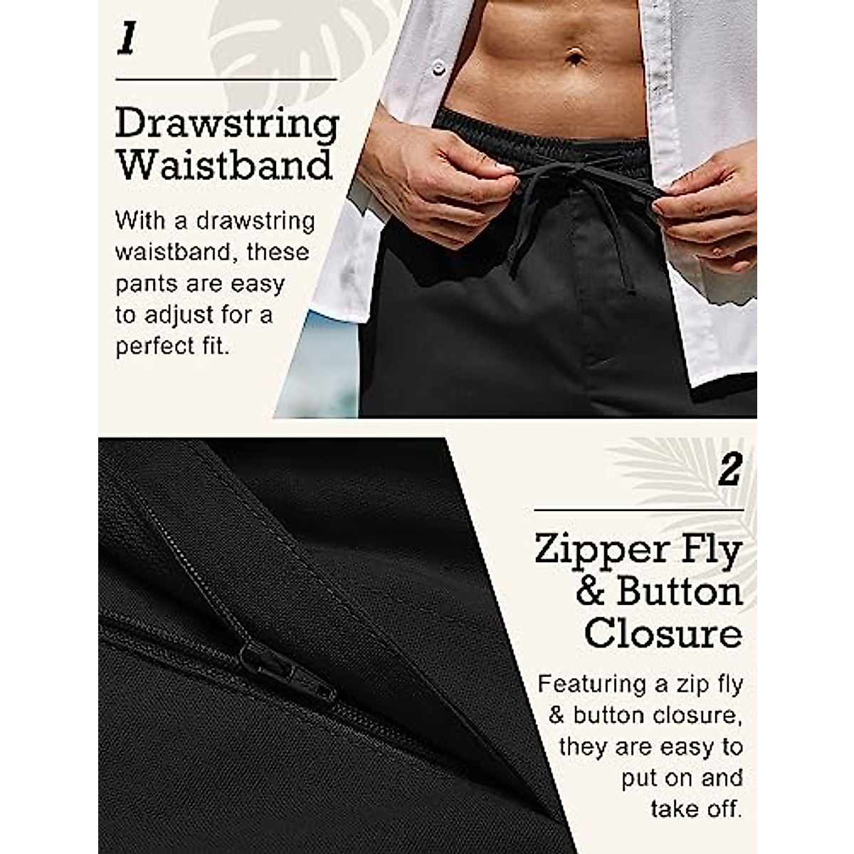 COOFANDY Men Casual Linen Pants Beach Summer Lightweight Pants Elastic Waist Drawstring Loose Trousers (Black, L)